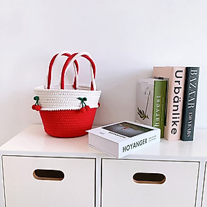 LOHGOU Women Girls Handwoven Cotton Handbag Cute Cherry Tote Bag Summer Beach Purse (Red)