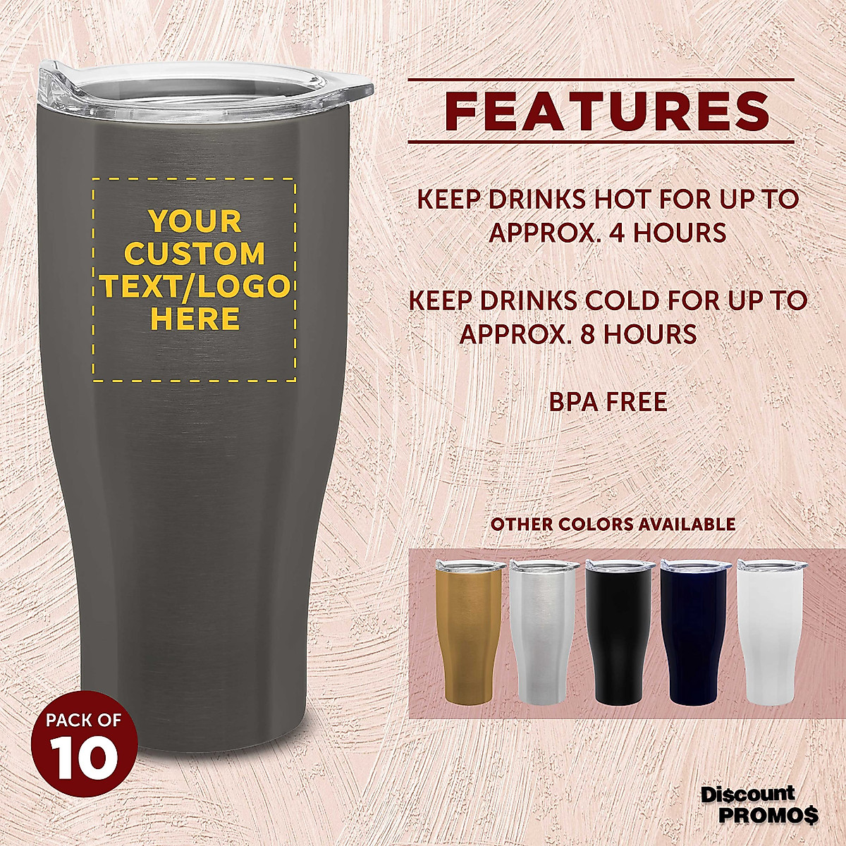 Custom Stainless Steel Grip Travel Mugs 27 oz. Set of 10, Personalized Bulk Pack - Perfect for Coffee, Soda, Other Hot & Cold Beverages - Smoke