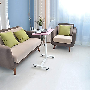 Qiveno Mobile Laptop Table, Standing Desk, Angle & Height Adjustable Rolling Laptop Desk Cart Over Bed Folding Portable Table for Hospital Home Office Pink