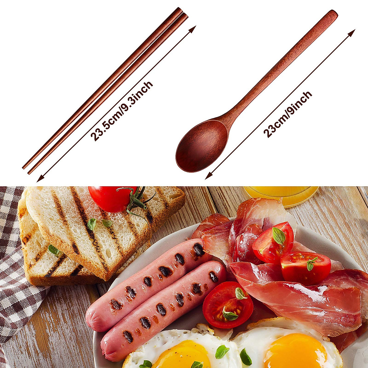 Wooden Spoon and Chopsticks Set Long Handle Spoon Chopstick Flatware Reusable Tableware Combination Utensils for Eating Food, 9.3 Inch (12)