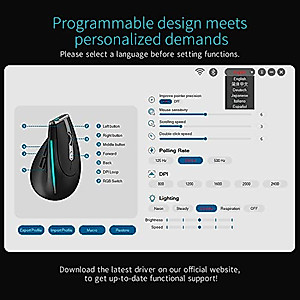 Wireless Bluetooth Ergonomic Vertical Mouse Programmable Custom Buttons Onboard Memory USB Computer Mouse for Office Gaming Right Hand PC Mouse
