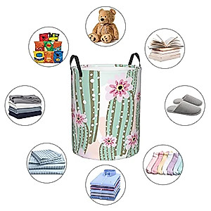Cactus Pink Flowers Laundry Hamper With Handle Foldable Durable Laundry Basket Storage Bin Dirty Clothes Organizer Bag For Bedroom Bathroom Nursery