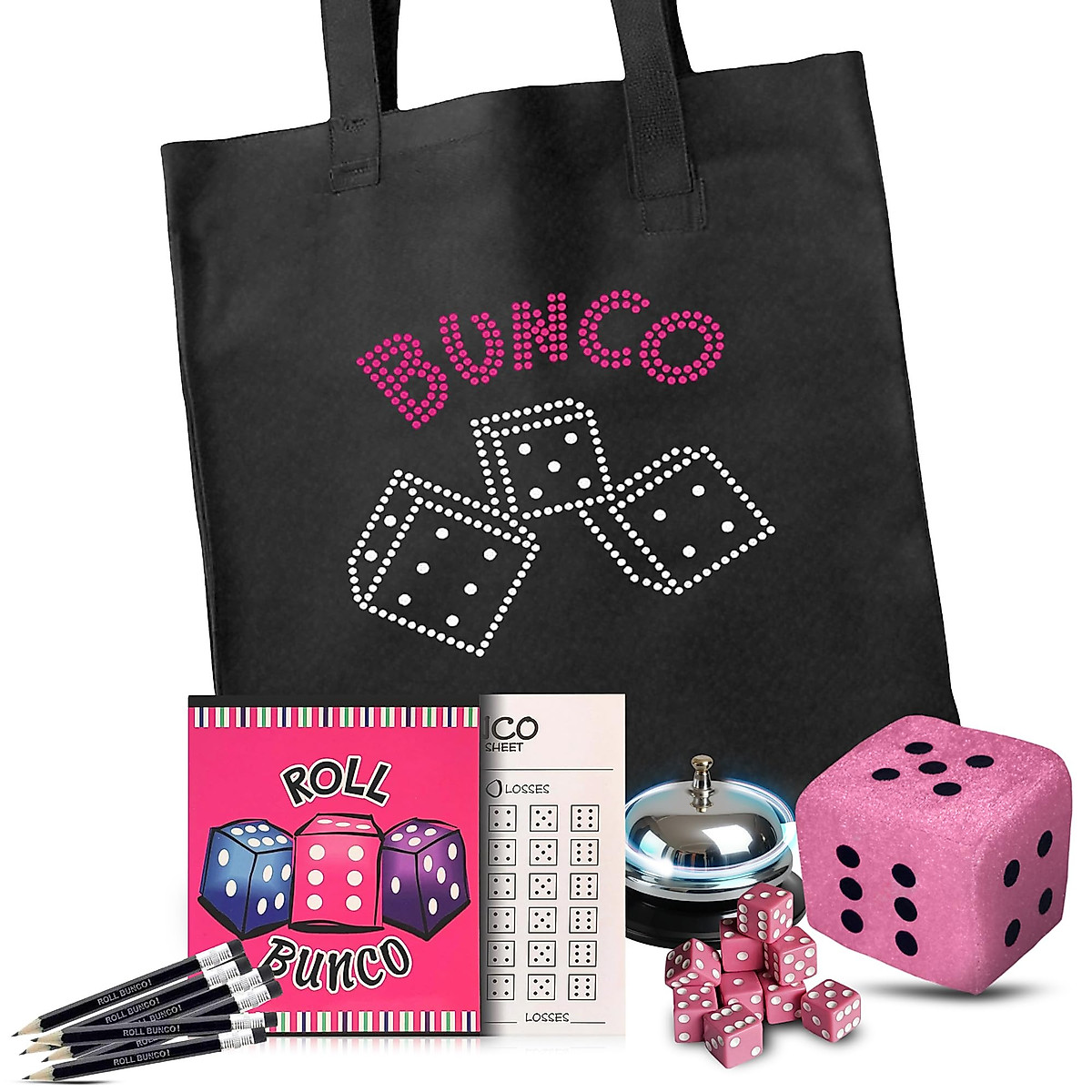 Bunco Game Kit with Crystal Tote Bag - Includes 9 Pink Dice, Bunco Score Sheets, Pencils, Bell, & 3 Inch Plush Dice - All of The Bunco Party Supplies You Need!