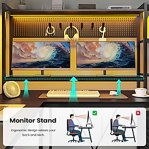 L Shaped Gaming Desk with Shelves, Reversible Computer Desk with Power Outlets LED Light, Home Office Desk with Monitor Stand Storage Racks 2 Drawers 5 Shelves Pegboard 8 Hooks Mouse Pad(Black)