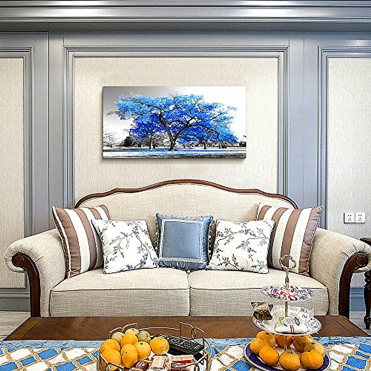 Wall Art Painting Contemporary Blue Tree in Black and White Style Fall Landscape Picture Modern Giclee Stretched and Framed Artwork