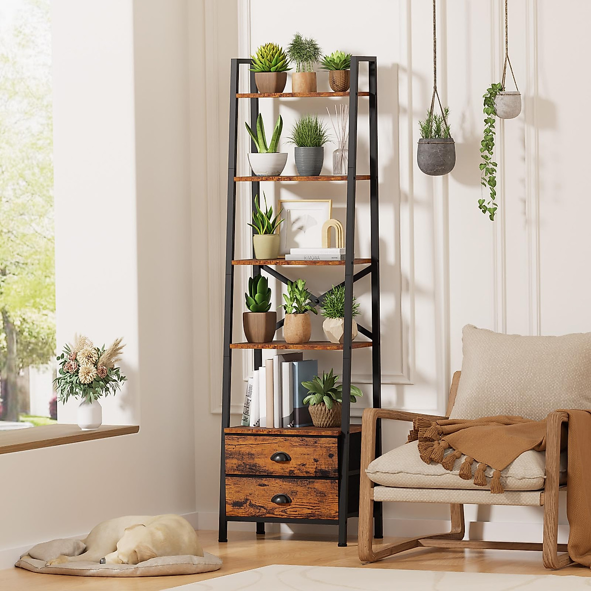 Furologee 5-Tier Ladder Shelf with 2 Drawers,Narrow Bookshelf Storage Shelves,Industrial Bookcase Freestanding Shelf Units for Bedroom,Living Room,Bathroom,Home Office,Balcony,Wood Metal,Rustic Brown