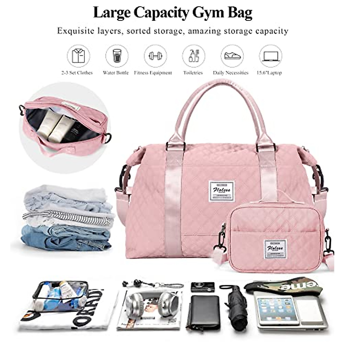 Travel Duffel Bag Weekender Bag for Women，Overnight Carry on Bag with Toiletry Bag, Gym Tote Bag with Wet Pocket,Grid Pink