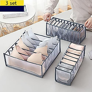 Underwear Storage Organizers, 3 Set Storage and Drawers for Bra,Socks and Underwear, 6+7+11 Grid Bathroom Storage Containers, Gray