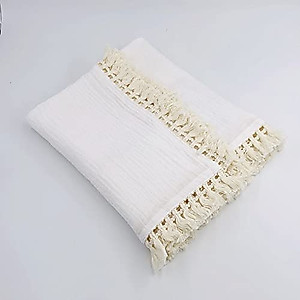 JH-YiSheng Cotton Muslin Baby Blanket with Tassel, Newborn Swaddle Wrap, Cotton Baby Receiving Blanket, Infant Sleeping Quilt Bed Cover, 43"x47" (White)