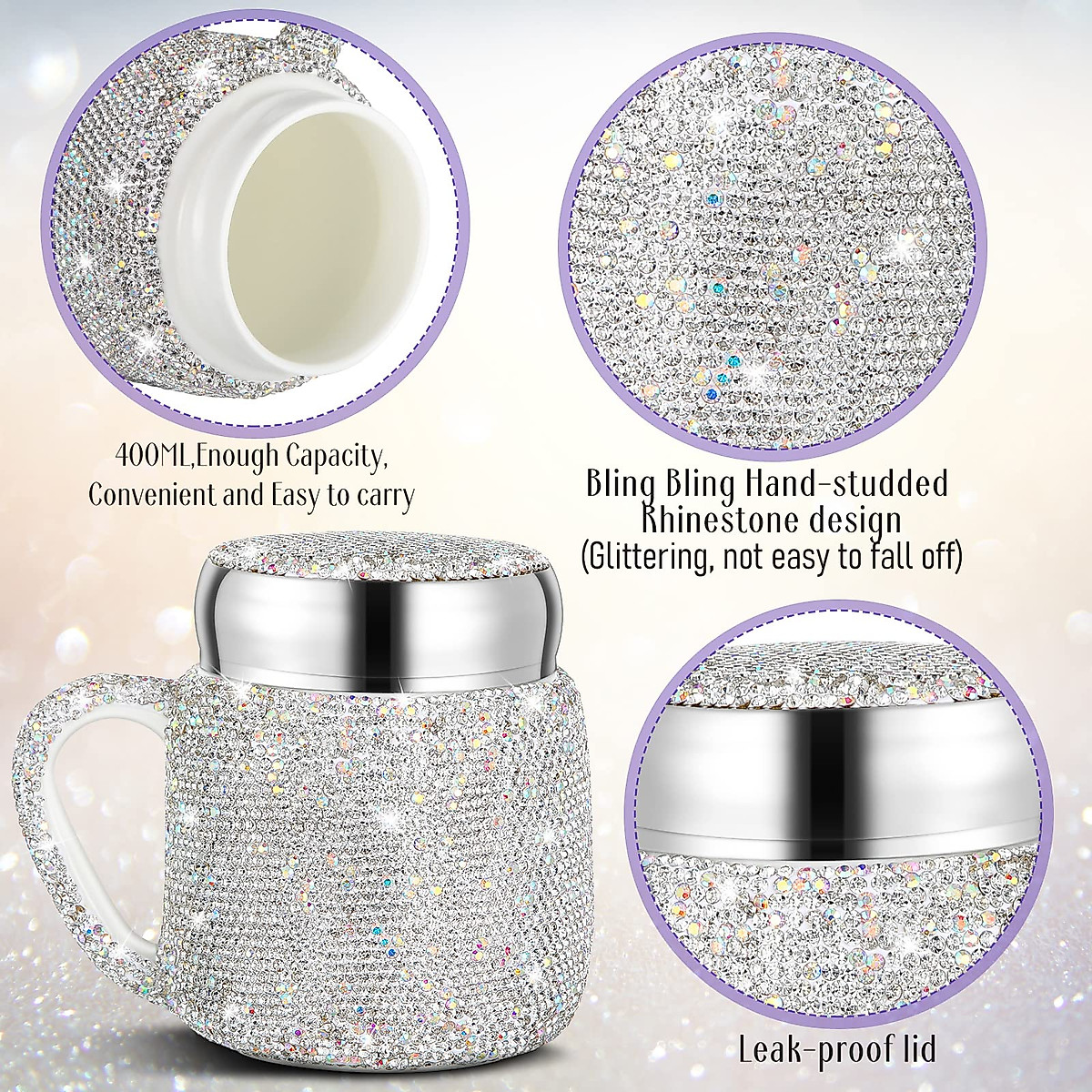 Meanplan Bling Rhinestone Coffee Mug for Christmas Gift Bling Water Bottle Rhinestone Ceramic Portable Travel Cup Crystal Coffee Cup with Lid and Handle for Women Office Home 13.5 oz (White)