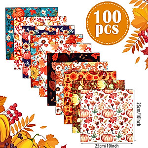 Ganeen 100 Pcs 10 x 10 Inch Thanksgiving Fabric Fall Fabric Squares Fall Pumpkin Quarters Bundles Fabric Scraps Fat Sewing Quilting Patchwork for Thanksgiving Autumn DIY Craft
