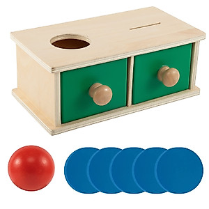 2 in 1 Mon-tessori Wooden Coins Balls Matching Box with 2 Drawers- Wood Coin Box with 5 Coins Object Permanence Box with 1 Wood Ball Preschool Learning Toys for Baby Toddler Infant Educational Gifts