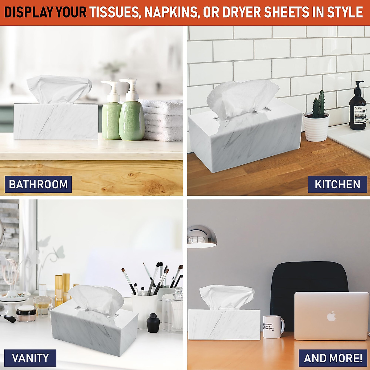 Acrylic Tissue Box Holder, Clear Dispenser for Facial Tissues, Napkins, and Dryer Sheets. Perfect for Bathrooms, Desks, Countertops, Vanities, Bedrooms, and Nightstands (Rectangle, Marble)