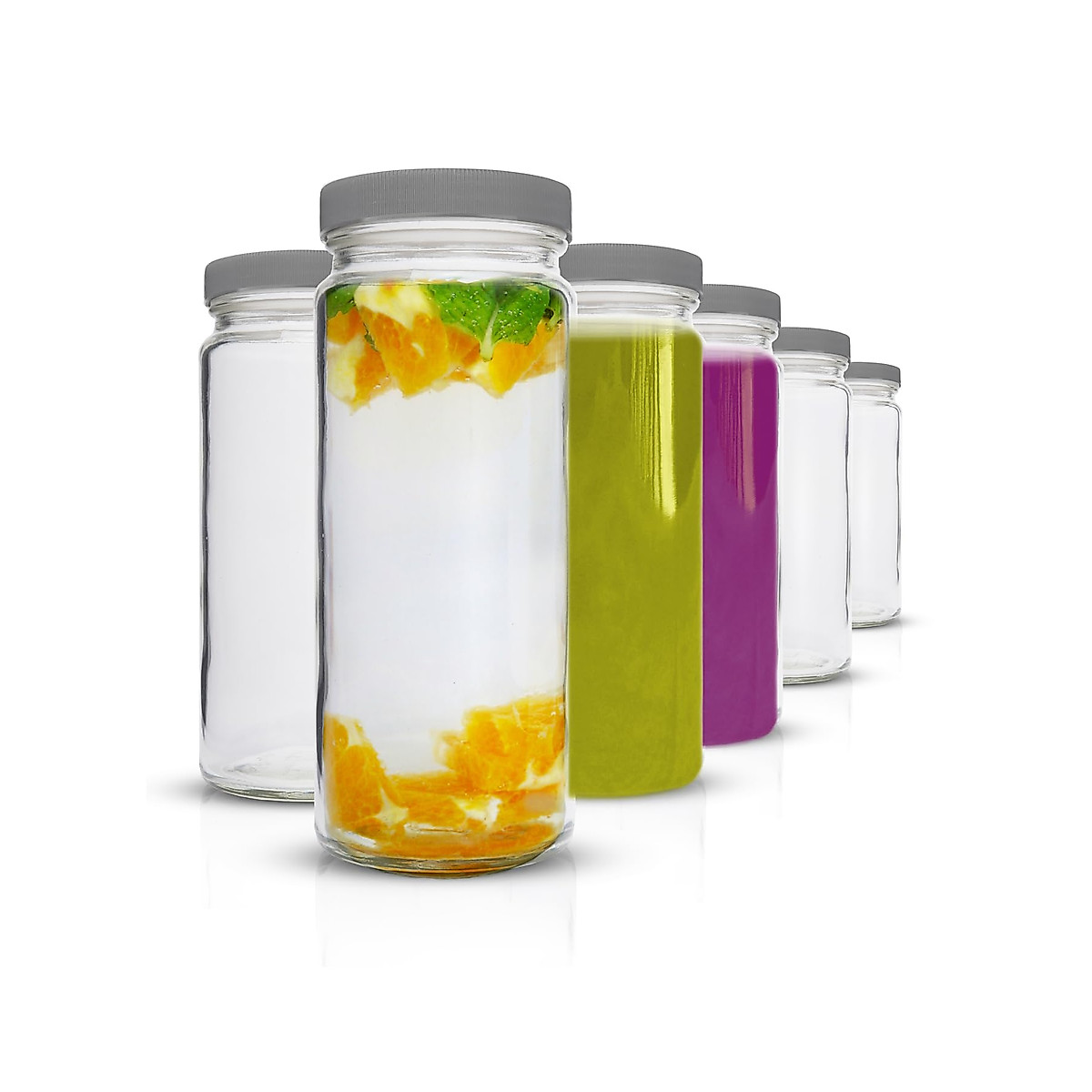 All About Juicing Clear Glass Water Bottles Set - 6 Pack Wide Mouth with Lids for Juice, Smoothies, Beverage Storage - 16 oz, Durable, Reusable, Dishwasher Safe, Leak Proof (Grey Caps)