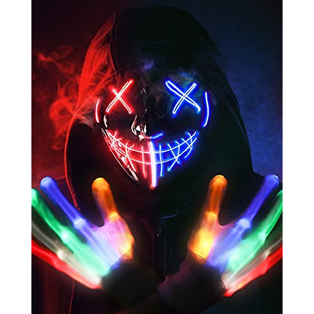 STONCH Halloween Mask Skeleton Gloves Set, 3 Modes Light Up Scary LED Mask with LED Glow Gloves, Halloween Decorations Anonymous Carnival Costumes glow purge Masks ​Gift for Boys Girl