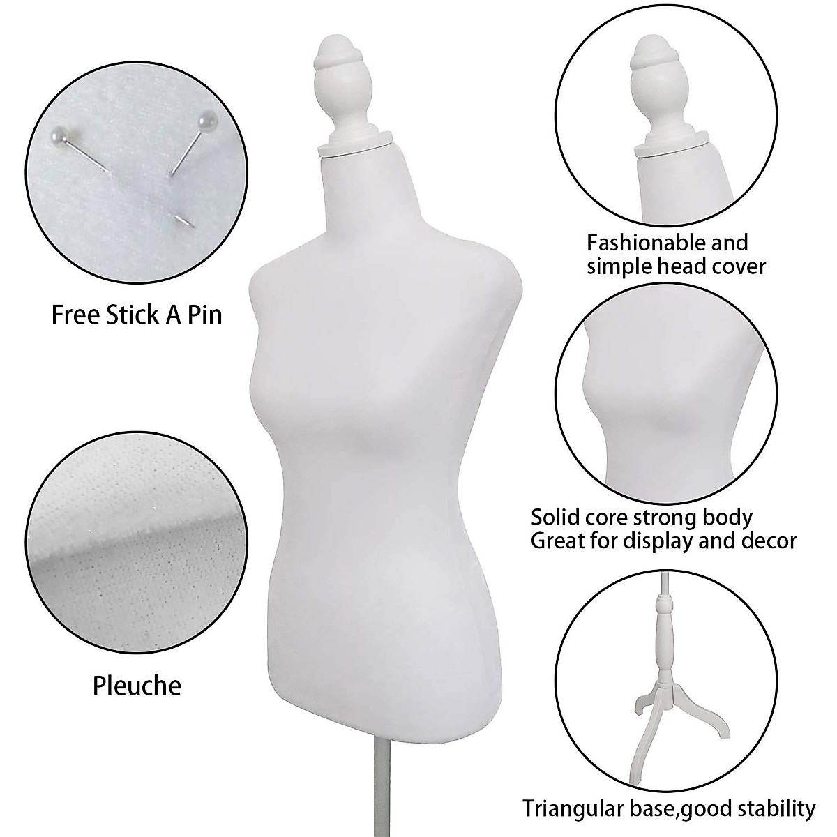 Female Dress Form Mannequin Torso Body with Adjustable Tripod Stand Dress Jewelry Display (White)