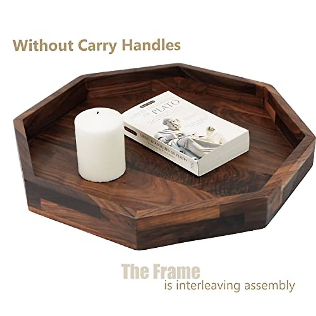 MAGIGO 16 Inches Extra Large Octagonal Black Walnut Wood Ottoman Tray with Handles, Serve Tea, Coffee Classic Wooden Decorative Serving Tray