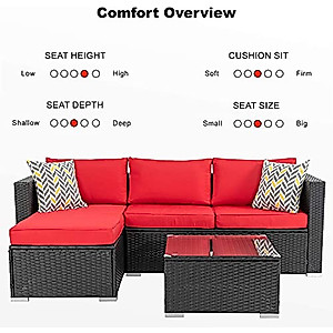 Walsunny Patio Furniture Set 3 Piece Outdoor Sectional Patio Sofa, All Weather Wicker Rattan Outdoor Furniture with Glass Table and Cushions(Red)