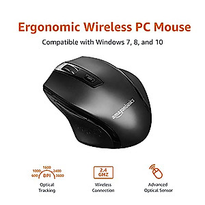 Amazon Basics Ergonomic Wireless PC Mouse - DPI adjustable - Black