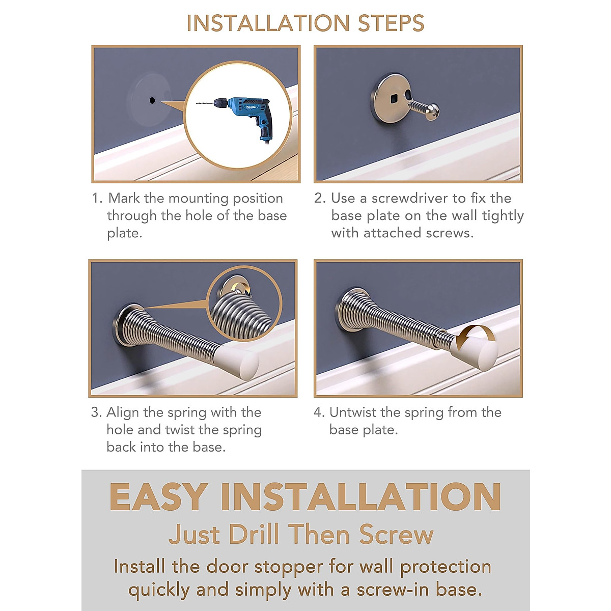 12 Pack Door Stoppers, Extended from 3-Inch to 4inch Spring Door Stop with Rubber Bumper Tips, Prevents Wall &Door Damage, Satin Nickel Finish (Silver)…