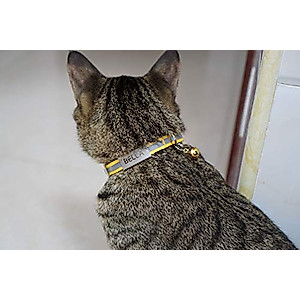 Custom Breakaway Cat Collars with Bell - Engraved Stainless Steel No Noise Slide-On Identification Tags On Collar - Up to 3 Lines of Personalized Text (Reflection)