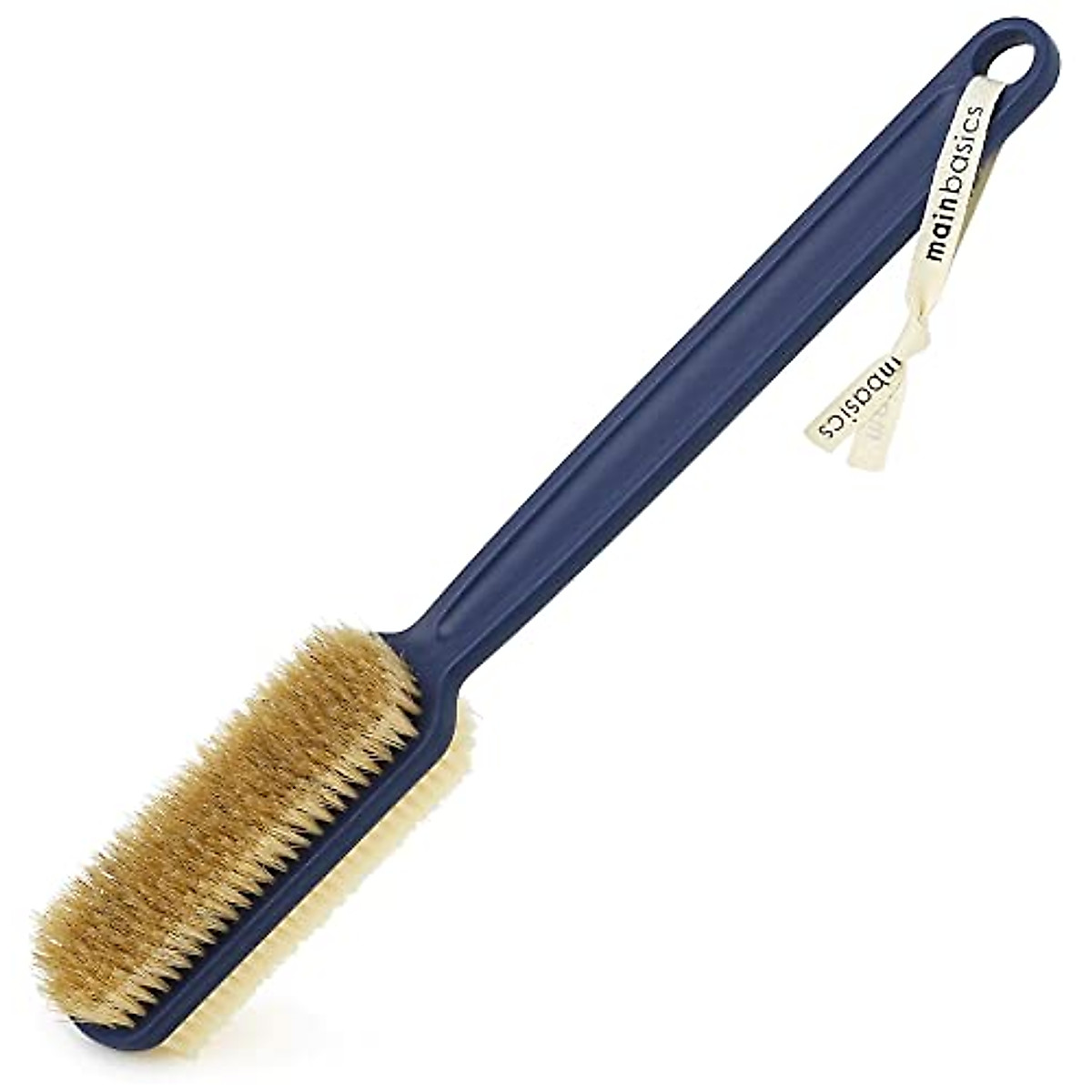 MainBasics Shower Brush Back Scrubber Dual-Sided Body Brush Long Handle with Soft and Stiff Bristles for Dry & Wet Brushing (Navy Blue)