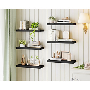 Fixwal 15.8in Black Floating Shelves, Set of 6 Wood Shelves, Farmhouse Shelf Wall Decor for Bathroom, Bedroom, Living and Kitchen Room