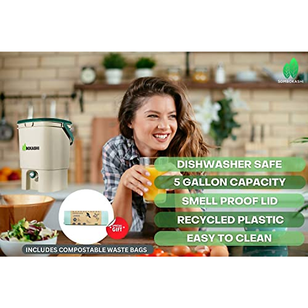 Bokashi Compost Starter Kit - Includes 2.2lb's Organic Bran, 2 Airtight Bins, Masher, Strainer, Cup for Compost Tea, and Detailed Composting Instructions. Attractive Kitchen Compost Bin.