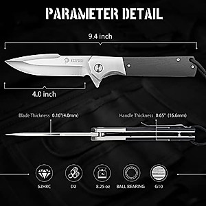 NedFoss Pocket Knife for Men, 4 inch D2 Steel Folding Knife with Clip, G10 Handle, Safety Liner Lock, Sharp Pocket Knives, Survival Knife for Hiking Camping Gifts for Men