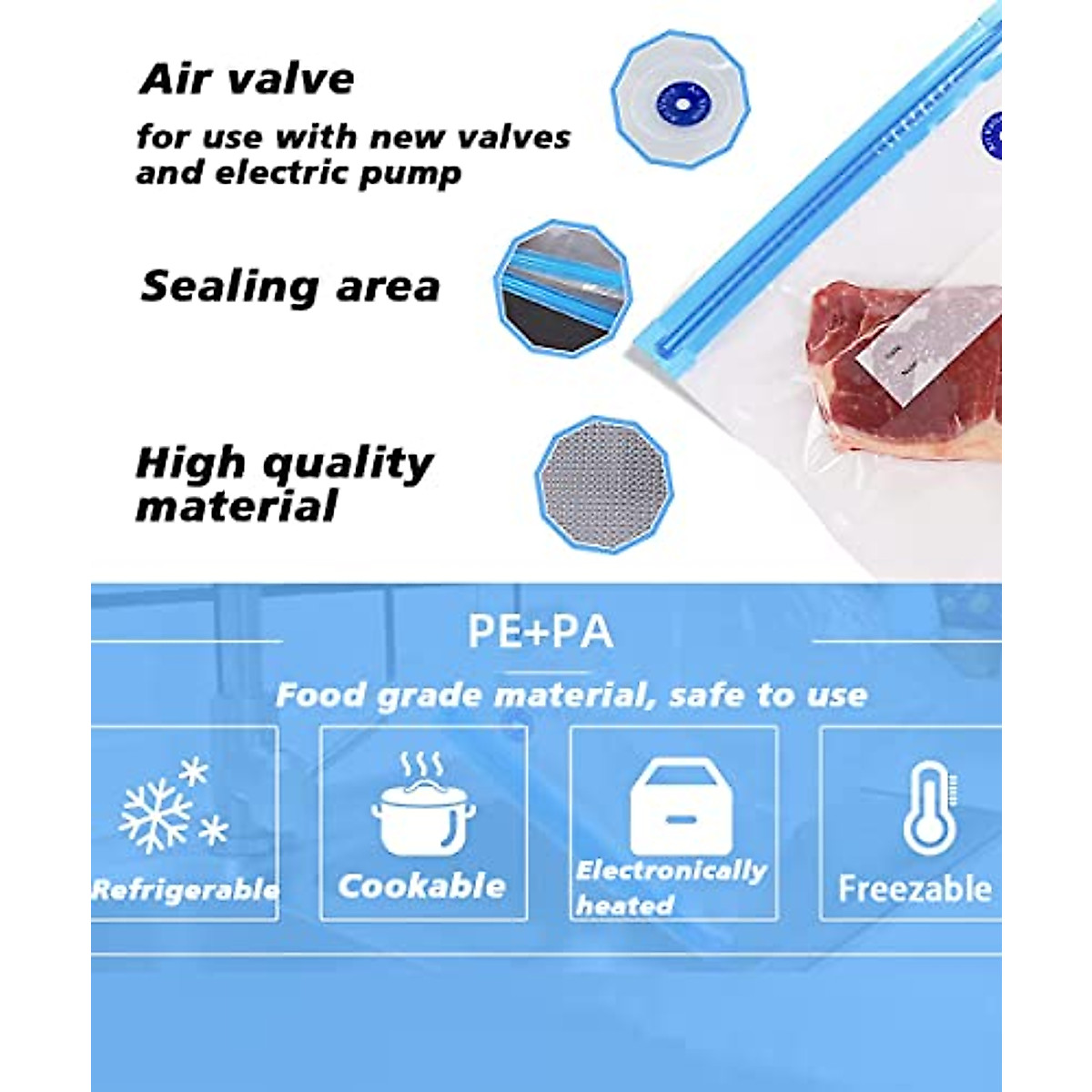 Sous Vide Bags,40 PCS Reusable Vacuum Sealer bags for food,2 Size Vacuum Zipper Bags with 4 Sealing Clips for Anova and Joule Cookers, Food Saver Freezer Bags