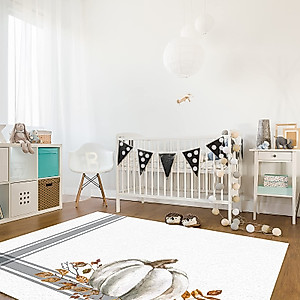 Area Rugs for Living Room, 2'7''x5' Thanksgiving Autumn White Pumpkins Maple Branch Gray Stripes Runner Washable Rug Soft Durable Indoor Carpet Non Slip Floor Mat for Bedroom Dining Room Entryway