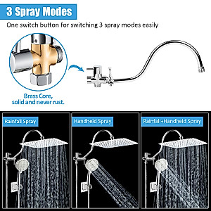 Taiker Shower Head, 8 Inch High Pressure Rainfall Shower Head/Handheld Showerhead Combo with 11.5 Inch Adjustable Curved Arm, Anti-leak Shower Head with Holder/Hose, Flow Regulator, Chrome (Silver)