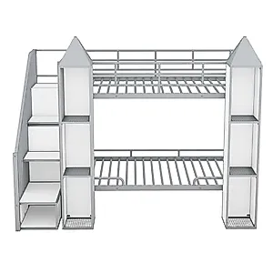 BOVZA Castle Shaped Bunk Bed with Wardrobe and Multiple Storage, Twin Over Twin Metal Bunk Bed Frame with Storage Staircase and Guardrails for Kids Boys Girls Teens, Gray+White