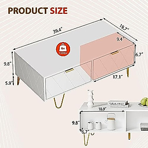 Scurrty 39.4'' Coffee Table with Large Drawers & 2 Open Storage Shelves, White Modern Coffee Tables with Gold Metal Handles for Living Room, Bedroom and Study (White)