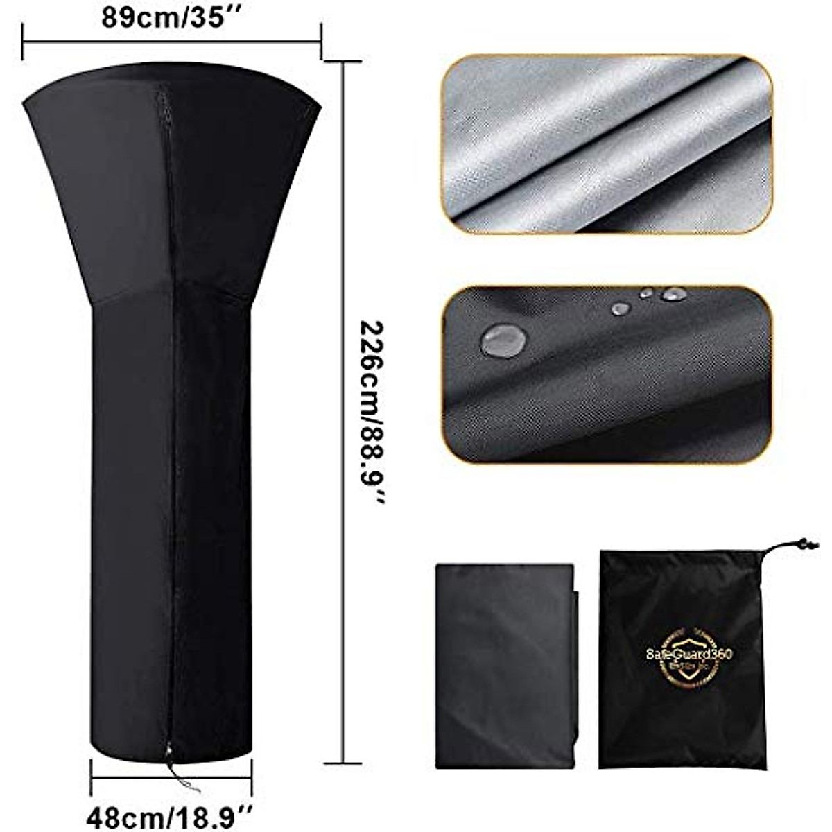SafeGuard360 Patio Heater Cover Waterproof 420D Oxford Thickness, with Stainless Steel Telescopic Rod, and Storage Bag in Black (89in x 35in x 19in- Universal Fit for Outdoor Stand Up Heaters)