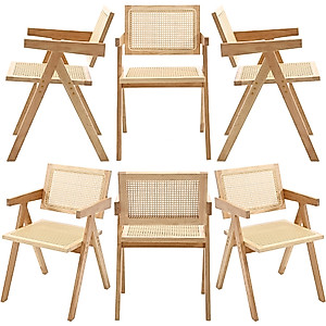 Westice Rattan Dining Chairs Set of 6, Wooden Kitchen Chairs with Faux Cane Seat & Backrest, Solid Wood Legs, Comfy Farmhouse Retro Side Chair for Indoor Dining Room, Natural