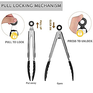 Tongs for Cooking, Kitchen Tongs with Silicone Tips, Stainless Steel Locking Tong for BBQ Grilling, Non-Stick, Heavy Duty, Set of 3: 12+9+7 inches(Black)