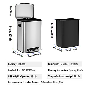 Ufurpie Rectangular 13 Gallon Trash Can with Foot Pedal, Kitchen Stainless Steel Thickened Trash Can with Soft Close Lid, 50L Large Garbage Can Perfect for Bedroom, Living Room, Bathroom, Office