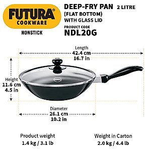 FUTURA NDL20G Non-Stick Deep-Fry Pan(Kadhai) 2.0 Litre with Glass Lid and Flat Bottom, 10.23 IN, Gray