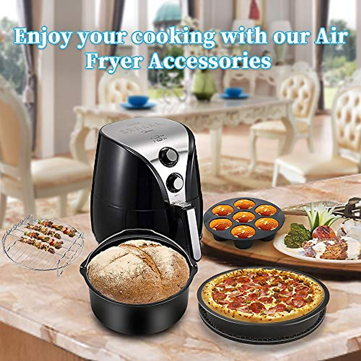 Air Fryer Accessories 11PCS for Phillips Ultrean Ninja Vremi Air Fryer, Fit all 3.7QT-4.0-5.8QT Power Deep Hot Air Fryer with Cake Barrel, Pizza Pan