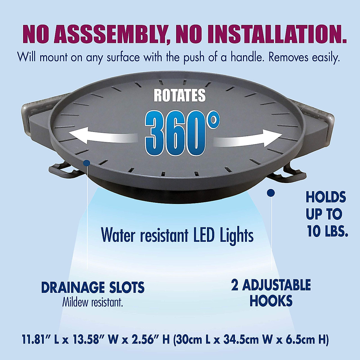 Instahang Rotating Shelf, Storage Organizer with Water-Resistant LED Lights, No-Assembly Wall-Mounted Shelf for Kitchen and Bathroom Caddy Storage, Corner Shower Shelf, 11" x 2.8" x 11", (Grey)