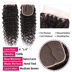 10A Water Wave Bundles with Closure (16 18 20 +14) Wet and Wavy Brazilian Virgin Human Hair 3 Bundles with 4x4 Lace Closure with Baby Hair Free Part 1B# Curly Wave Human Hair Extensions