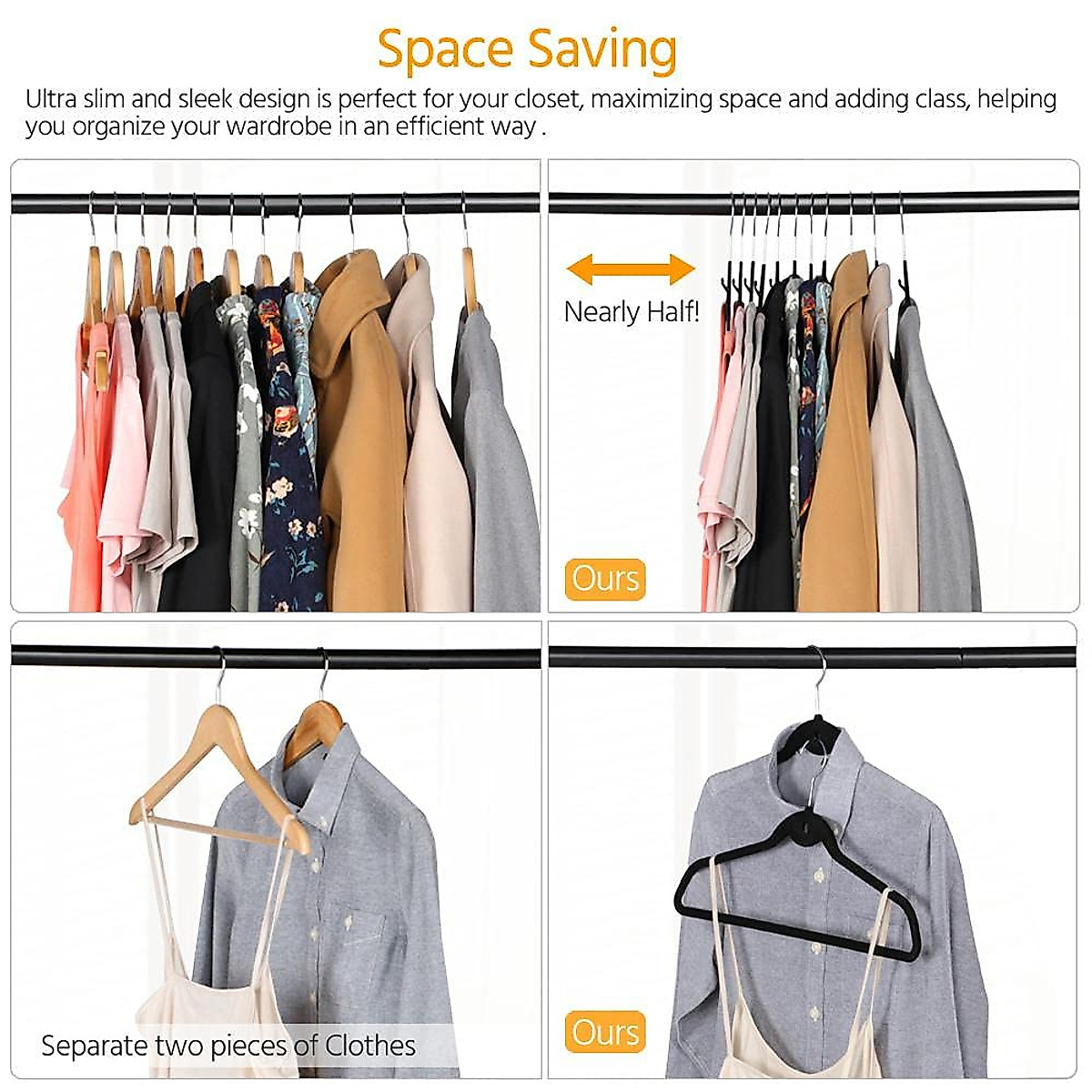 Yaheetech 100 Pack Non Slip Cascading Velvet Hangers - Standard Hangers Felt Suit Clothes Hangers Space Saving 360° Swivel Hook Black