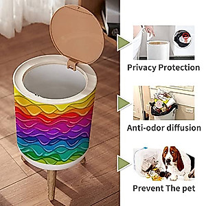 Small Trash Can with Lid Bright Rainbow Glaze Seamless Texture for Fabric Wrapping Decorative Garbage Bin Wood Waste Bin Press Cover Round Wastebasket for Bathroom Bedroom Diaper Office Kitchen