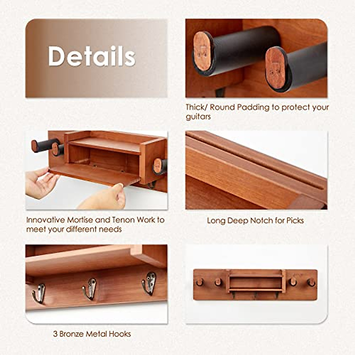 MIRIO Double Guitar Wall Mount with Shelf, Solid Wood Guitar/Ukulele Hangers with 2 Guitar Holders and Pick Holders for Wall Mount- Brown