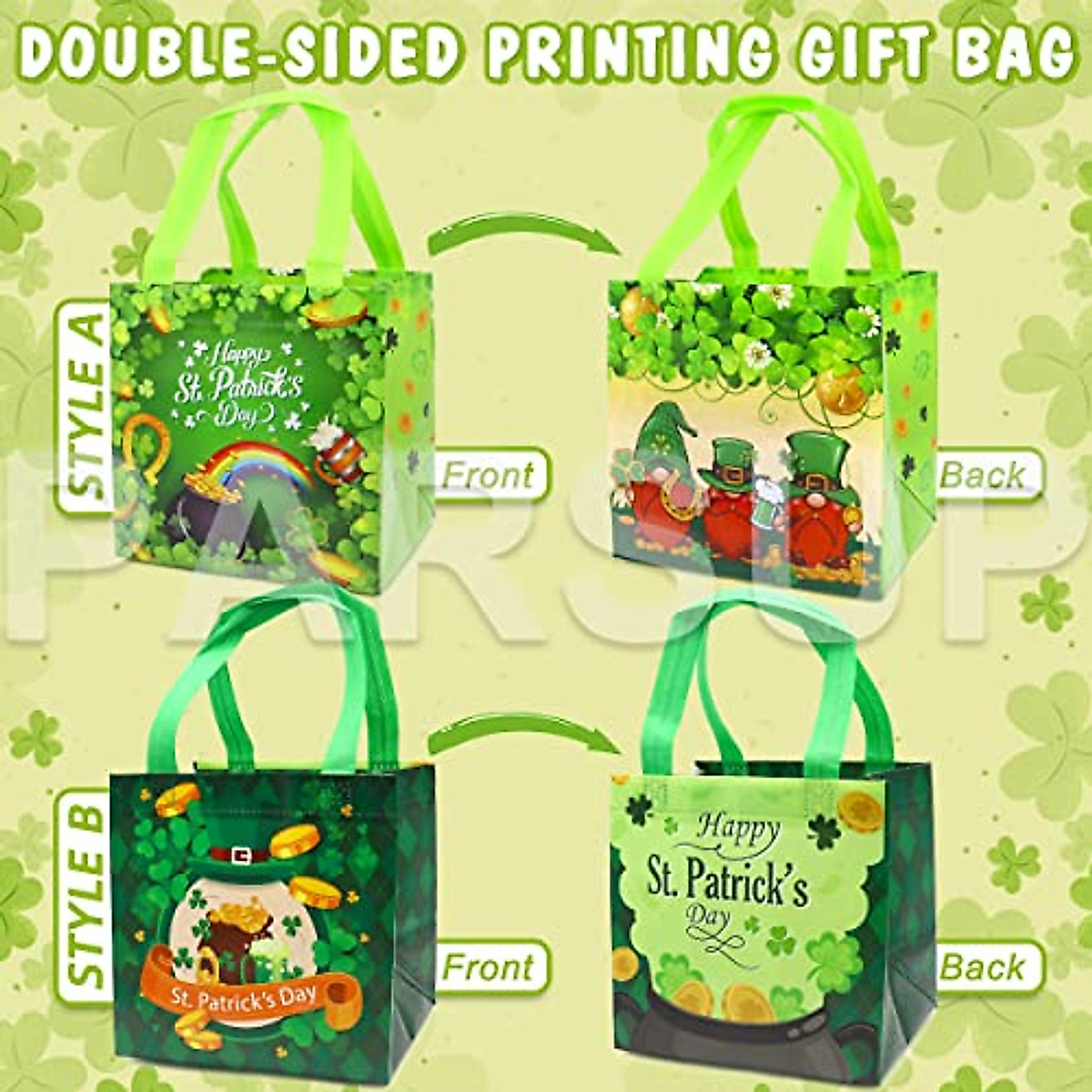PARSUP 8PCS St Patricks Day Reusable Gift Bags, Irish Treat Bags with Handles, Saint Patrick's Day Party Bags, Multifunctional Non-Woven Bags for Gifts Wrapping, Irish Party Supplies, 8"×8"×6"