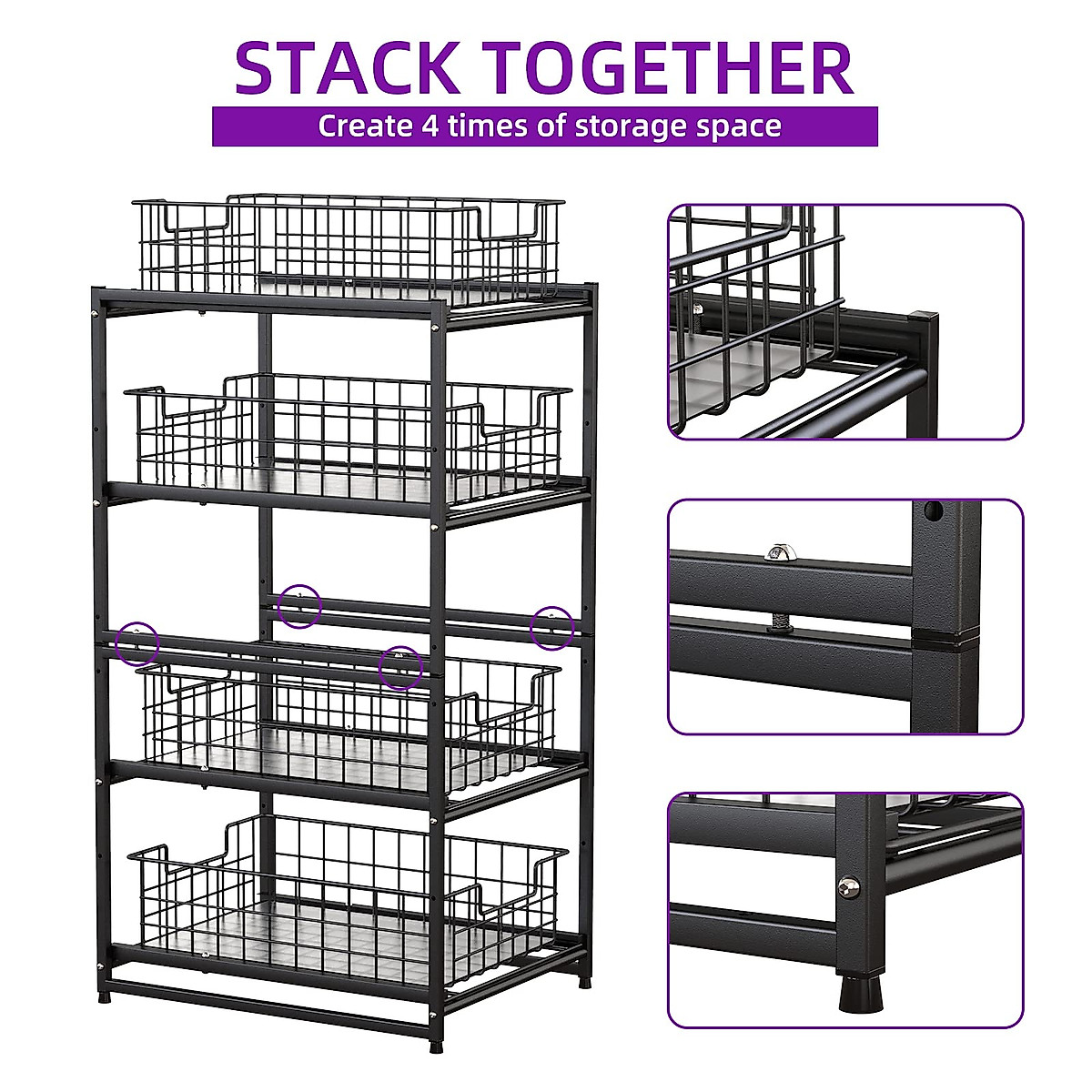 MaraFansie Under Kitchen Cabinet Sink Organizer and Storage with Sliding Drawer, Wider 2 Tier Stackable Basket Rack for Kitchen & Bathroom with Larger Capacity Heavy Duty, Black