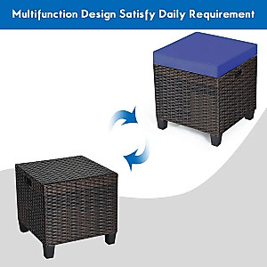 Giantex 2-Piece Rattan Patio Ottoman, All Weather Wicker Ottoman w/Removable Cushion & Steel Frame, Outdoor Footstool Footrest Furniture (Navy Blue)