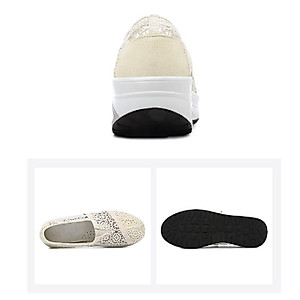 Women's Floral Embroidery Lace Mesh Air Cushion Sneakers,Comfortable Orthopedic Diabetic Walking Toning Shoes Breathable Slip On Platform Loafers (Black,6)