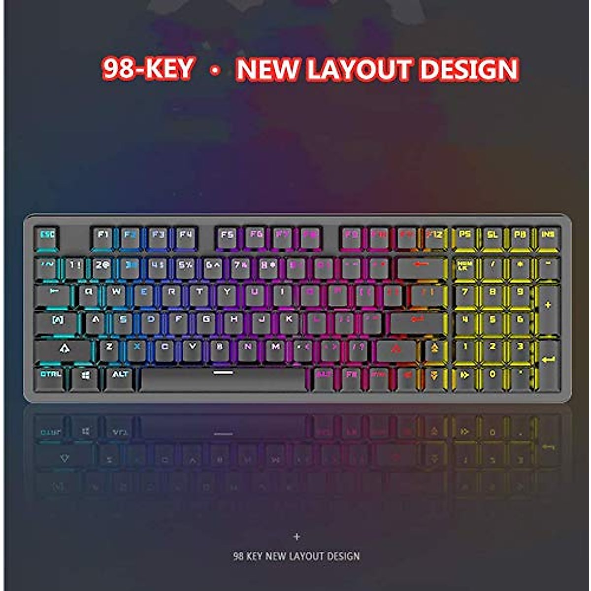 Mechanical Gaming Keyboard Compact 98 Key， Red Switches ， Custom Made chip Computer Keyboard -USB Connection Multi-Color Rainbow programmable RGB with Red Switches,for Windows PC Gamers